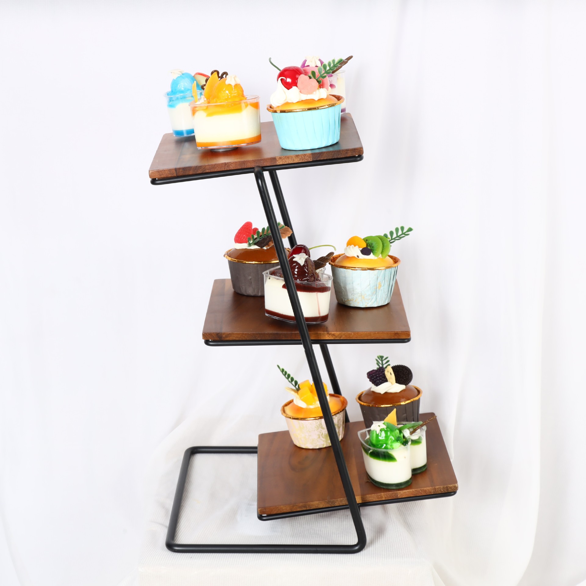 3-layer Dessert Stand Cupcake Display Stand Wrought Iron Shelf Acacia ...