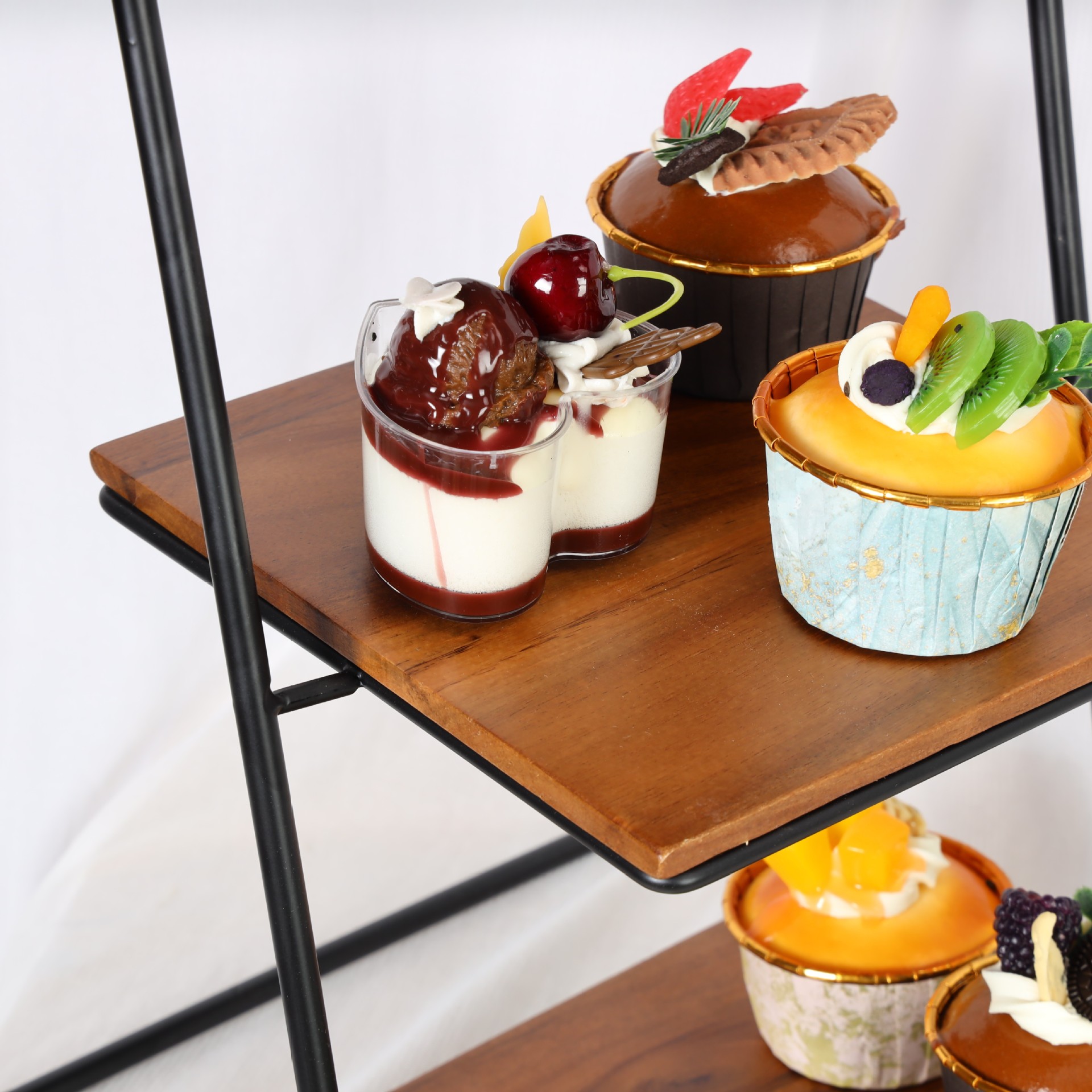 3-layer Dessert Stand Cupcake Display Stand Wrought Iron Shelf Acacia ...
