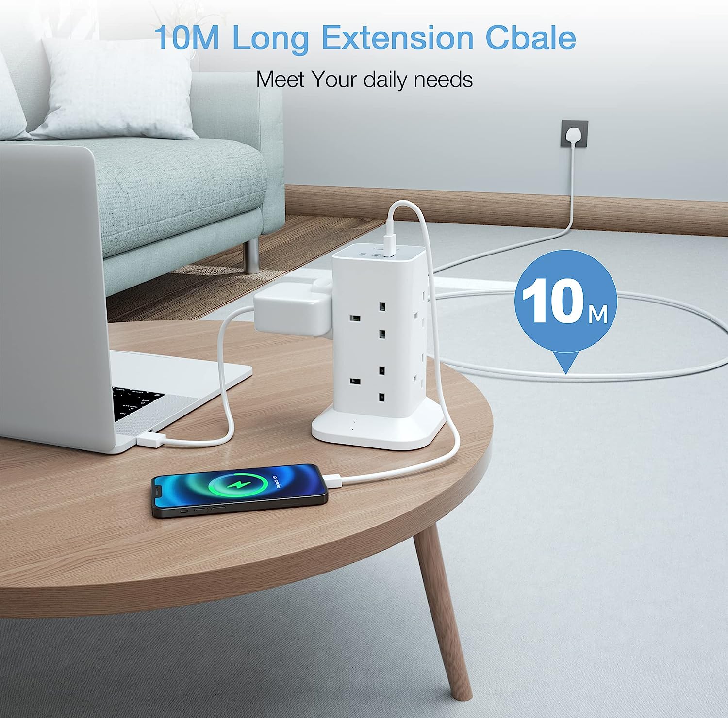 TESSAN Extension Plug Tower Extension Socket with 3 USB( C), Surge ...