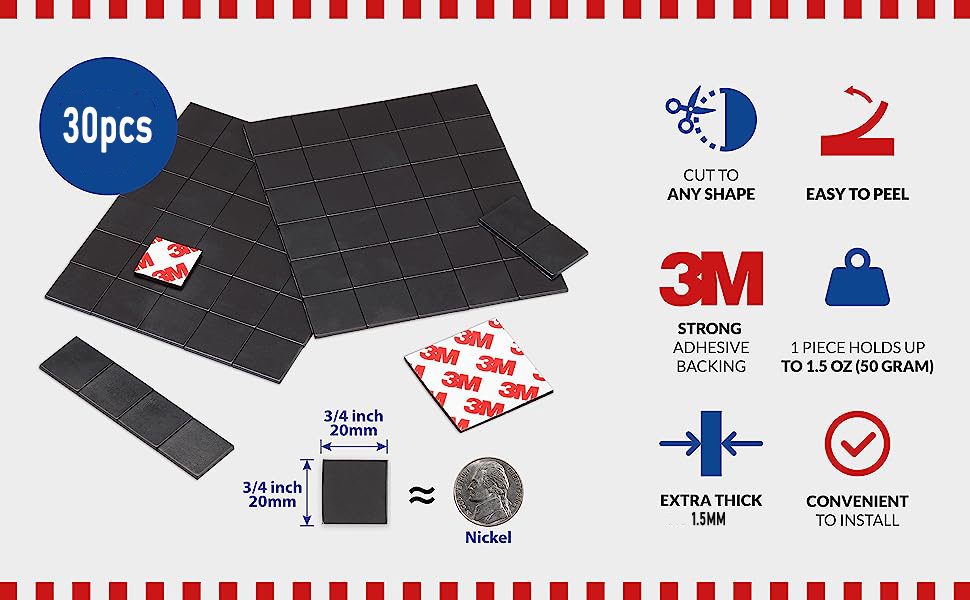 Magnetic Squares, 30 Pieces Adhesive Magnet Squares with 3M Strong ...