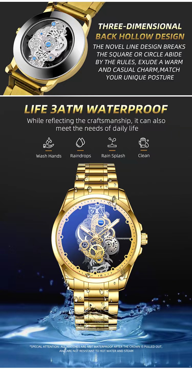 ORUSS Original Double Hollow Gear Stainless Steel Waterproof Luxury Men ...