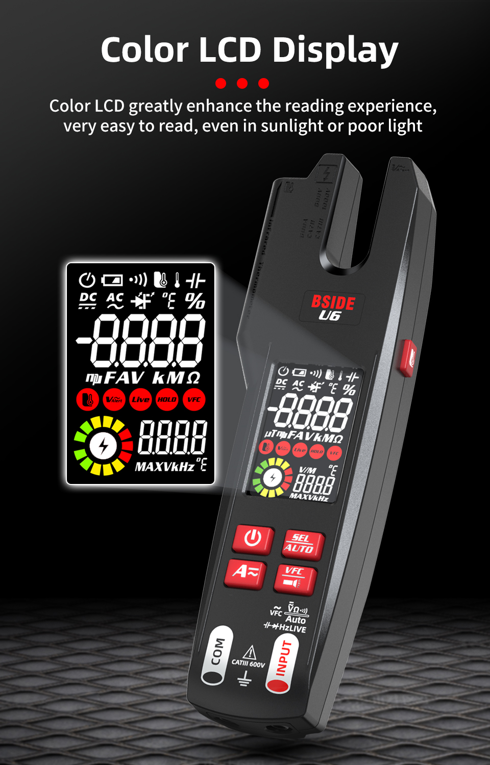 U6 Digital Fork Clamp Meter 600A Current Open Jaw Ammeter Multimeter DC ...