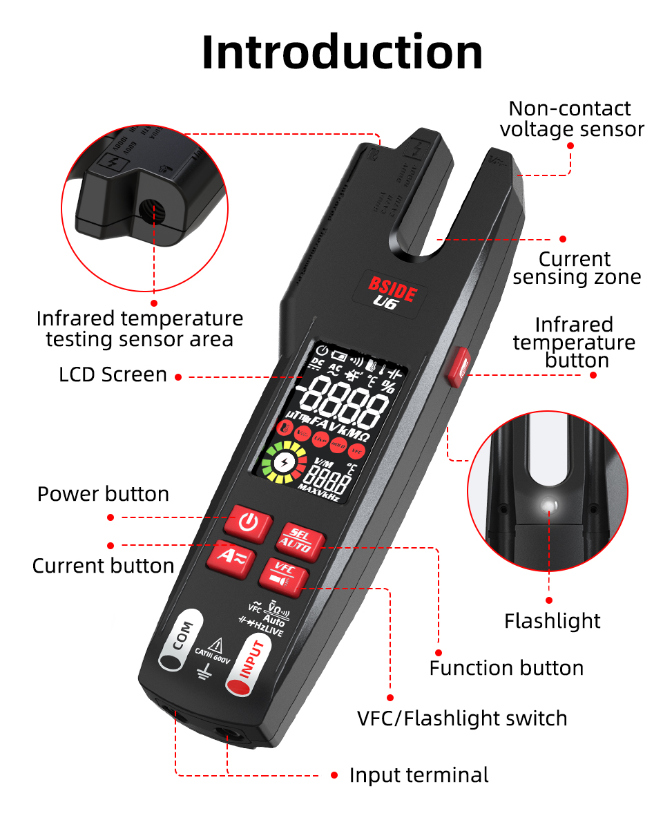 U6 Digital Fork Clamp Meter 600A Current Open Jaw Ammeter Multimeter DC ...