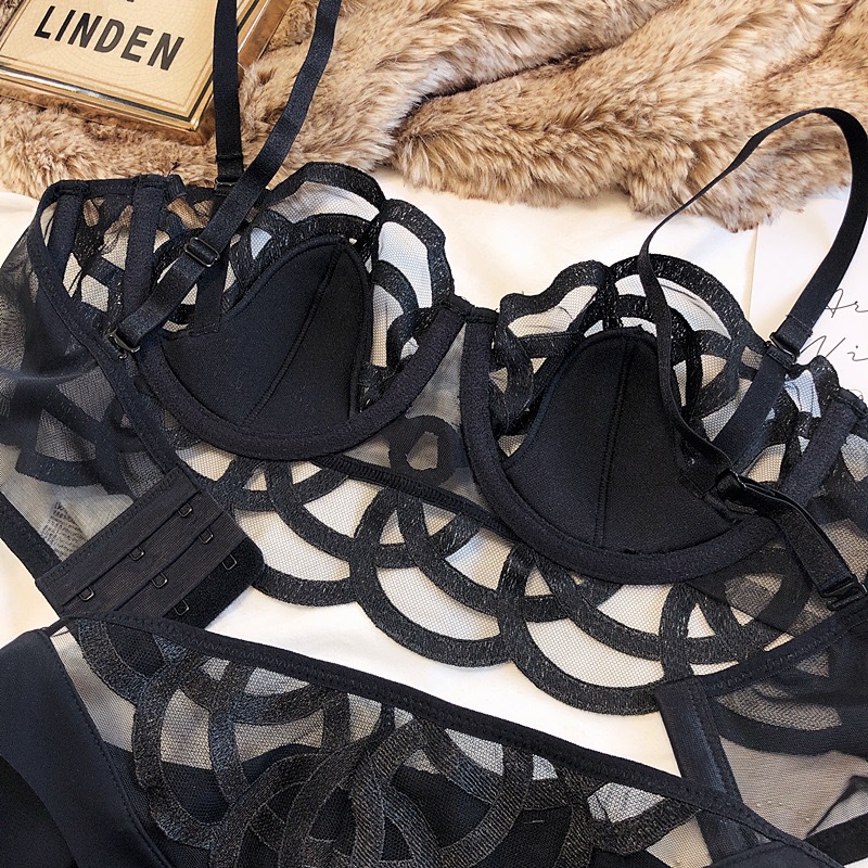 French Sexy Embroidered Lace Thin Bra Set with Steel Ring Anti-sagging ...