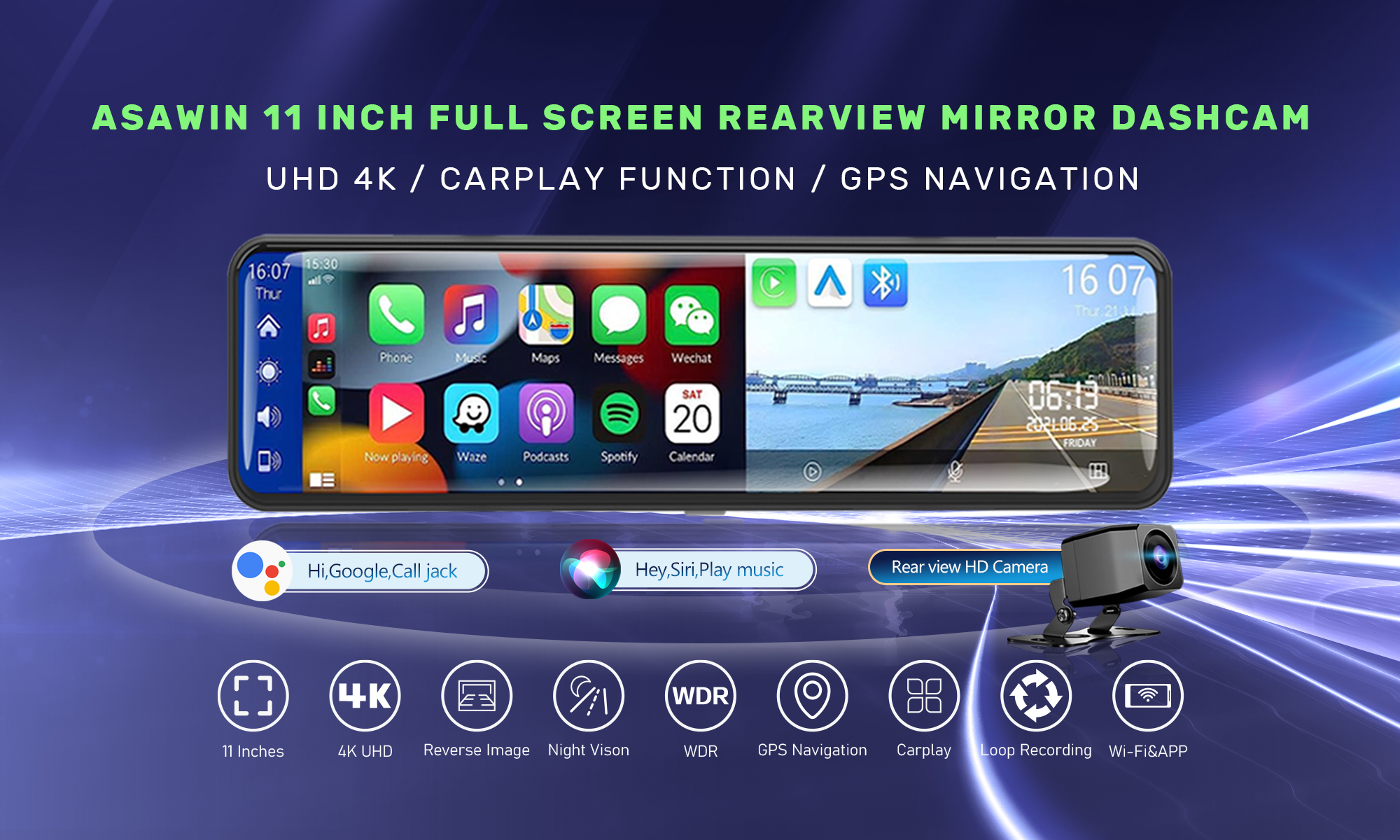Asawin Carplay 4k Mirror Dash Cam Wifi Android Apple Voice Control 