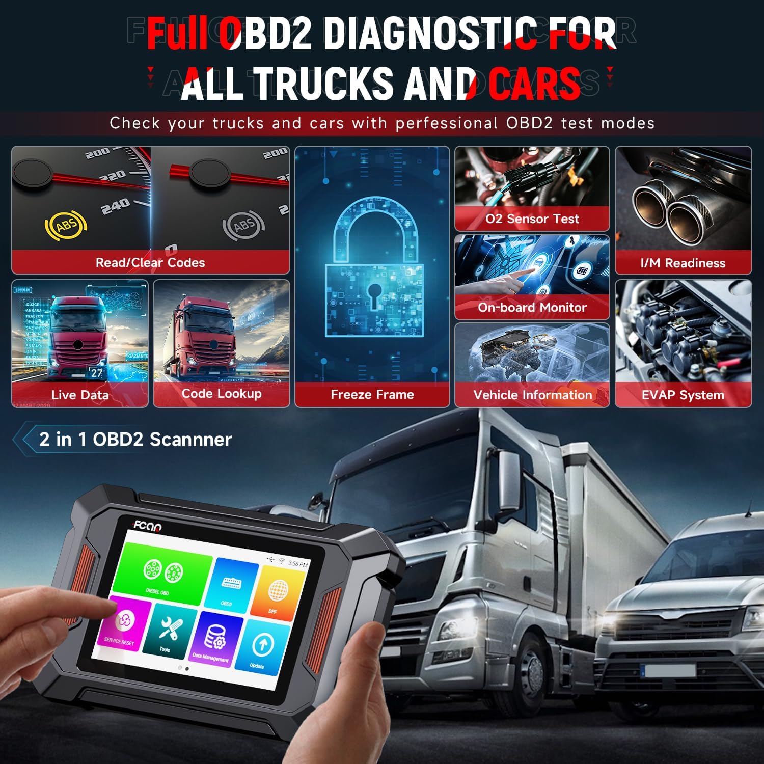 FCAR F802 Professional OBD2 Truck Scanner 12/24V Scanner For Truck ...