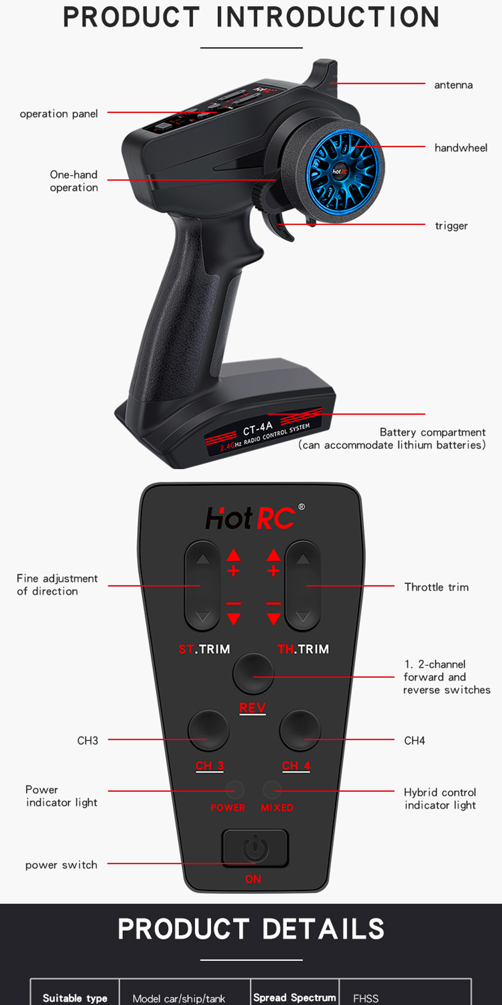 Hotrc Hot rc CT-4A CT4A CT 4A 4-9V 2.4GHz 4CH Transmitter F-04A F04A PWM Receiver For RC Model ...
