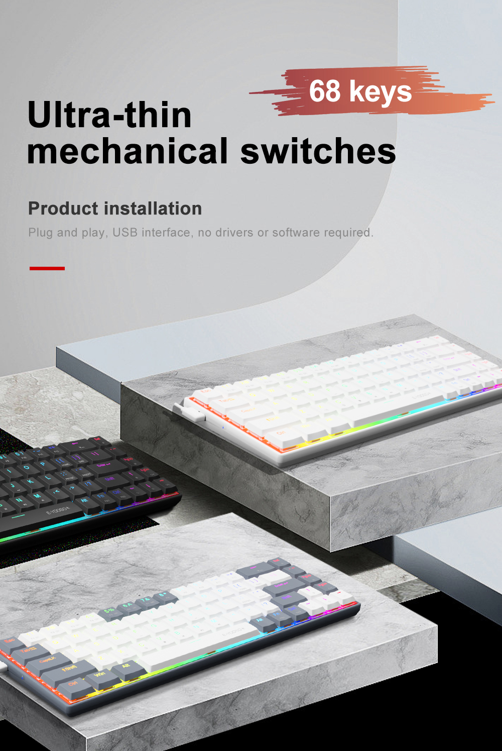 E-YOOSO A68 RGB Mini Slim USB Wired Mechanical Gaming Keyboard Red ...