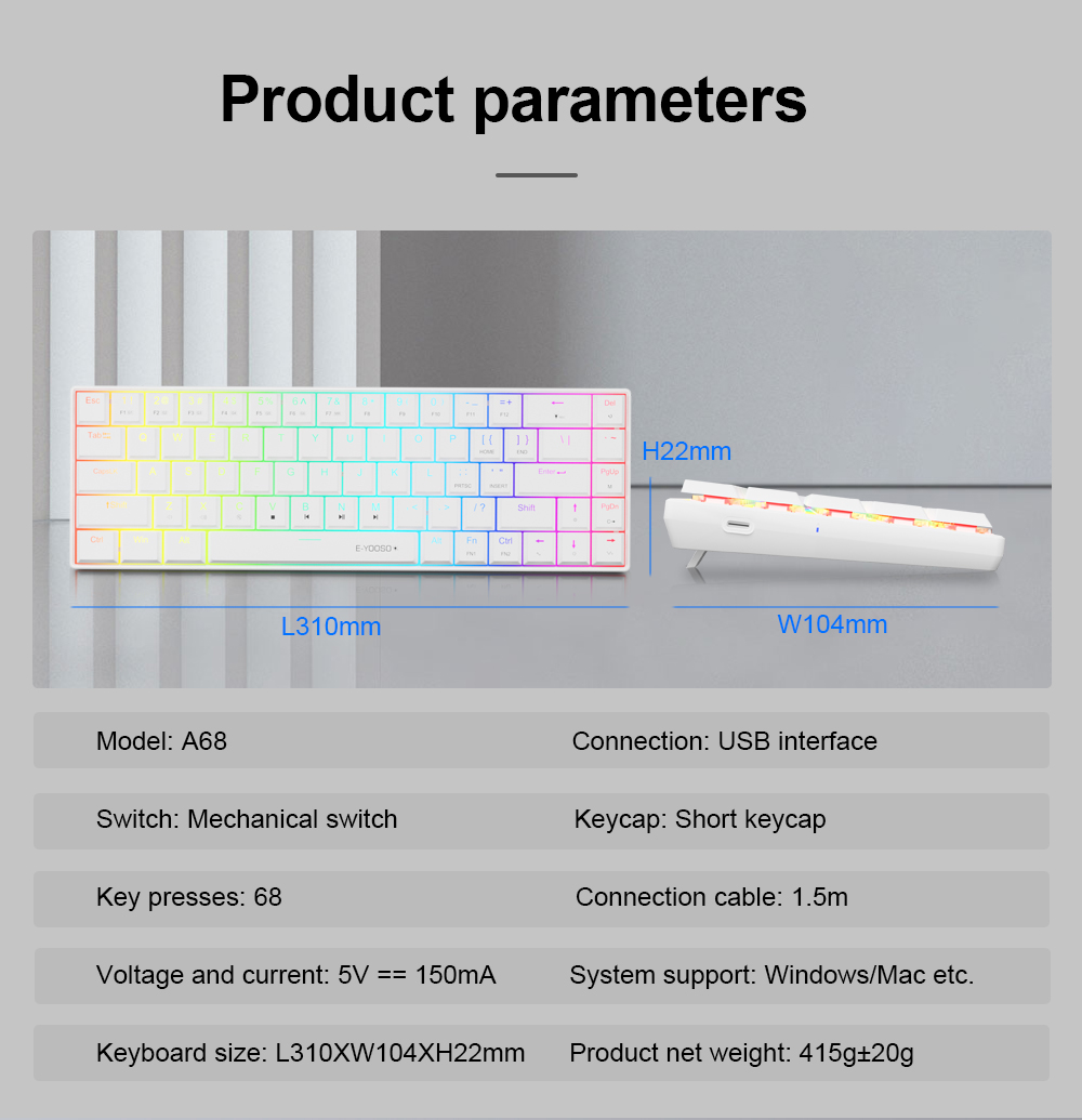 E-YOOSO A68 RGB Mini Slim USB Wired Mechanical Gaming Keyboard Red ...