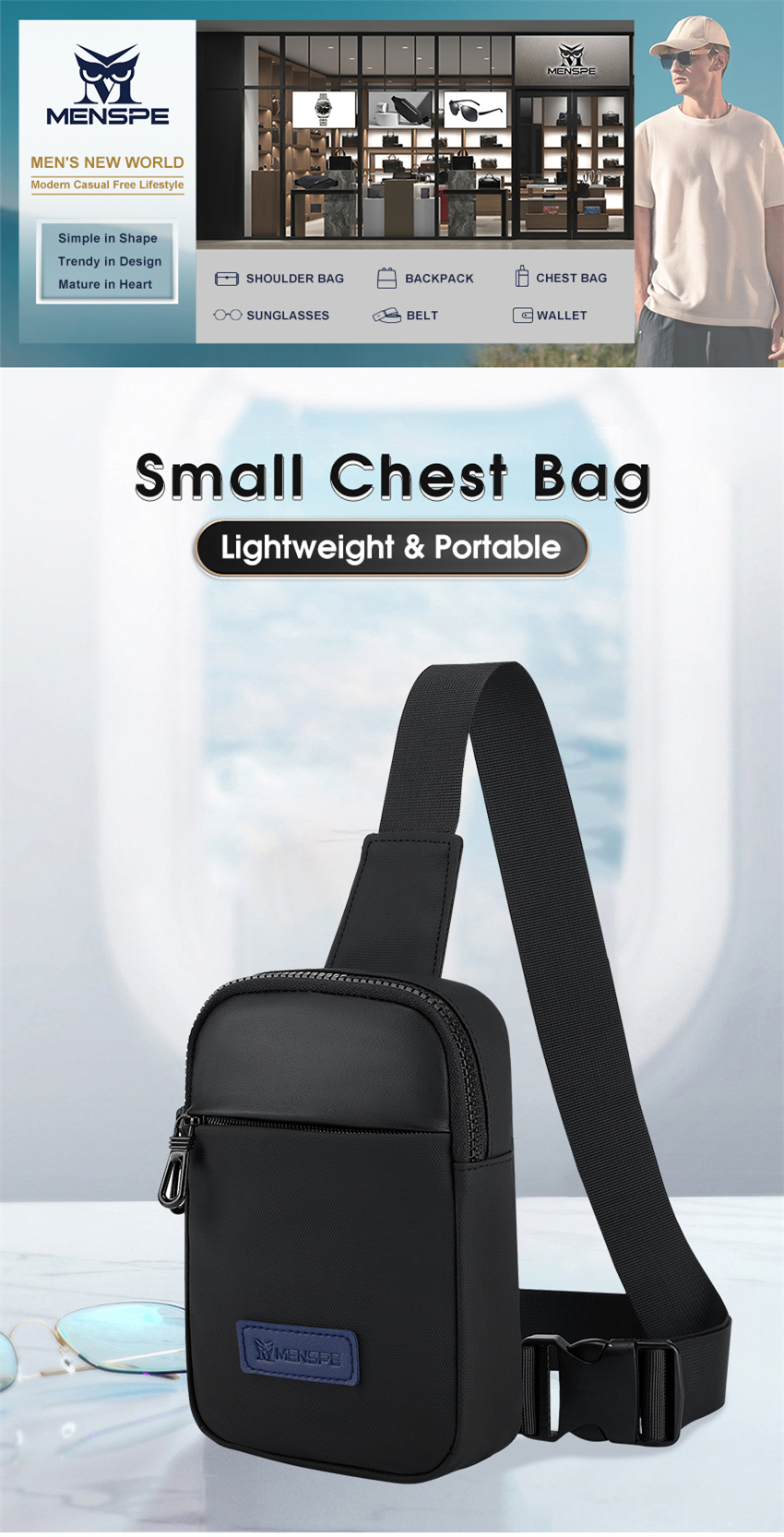 MENSPE Chest Bag Men Pouch Bag Mini Sling Bag Water-resistant Men Bag ...