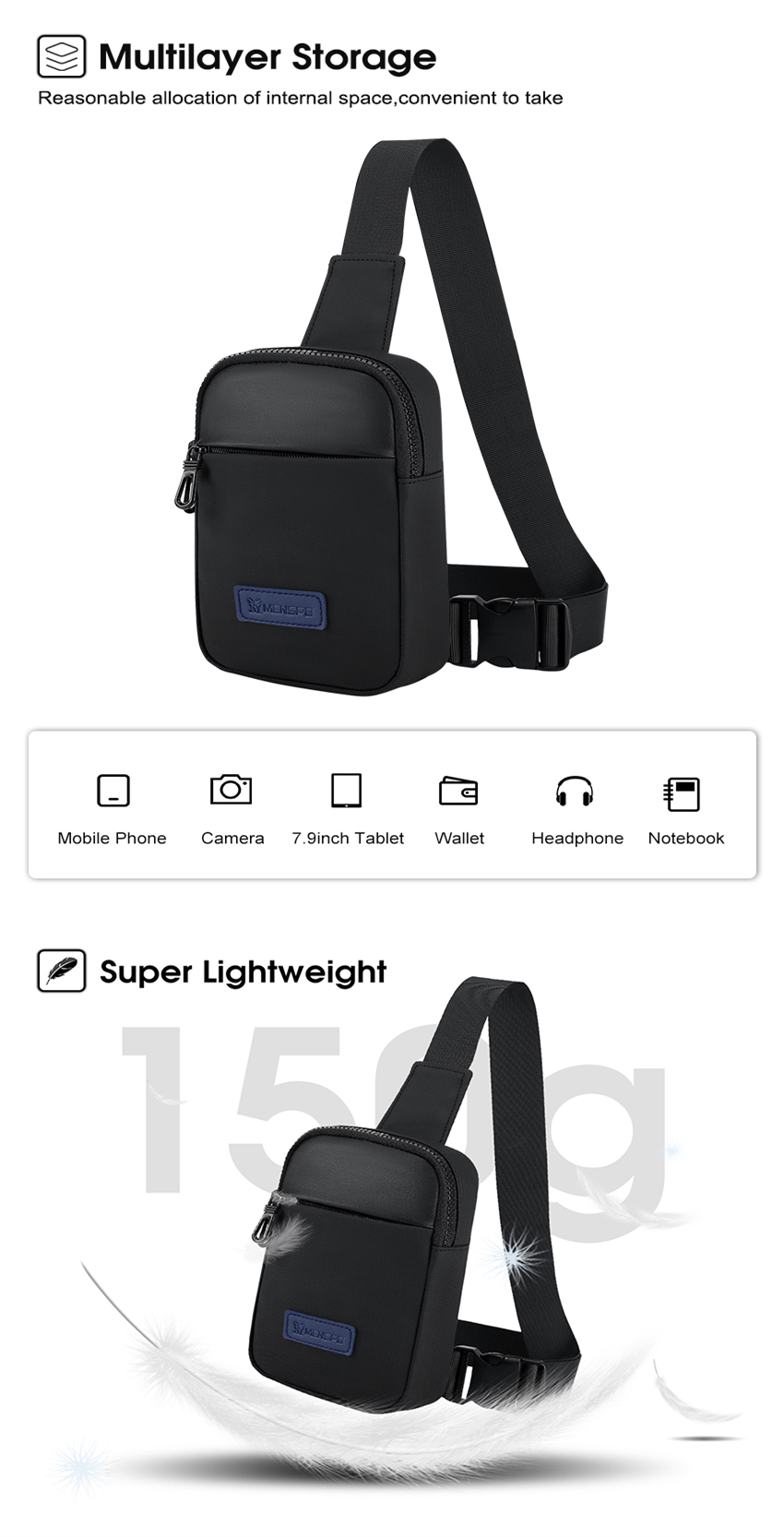 MENSPE Chest Bag Men Pouch Bag Mini Sling Bag Water-resistant Men Bag ...