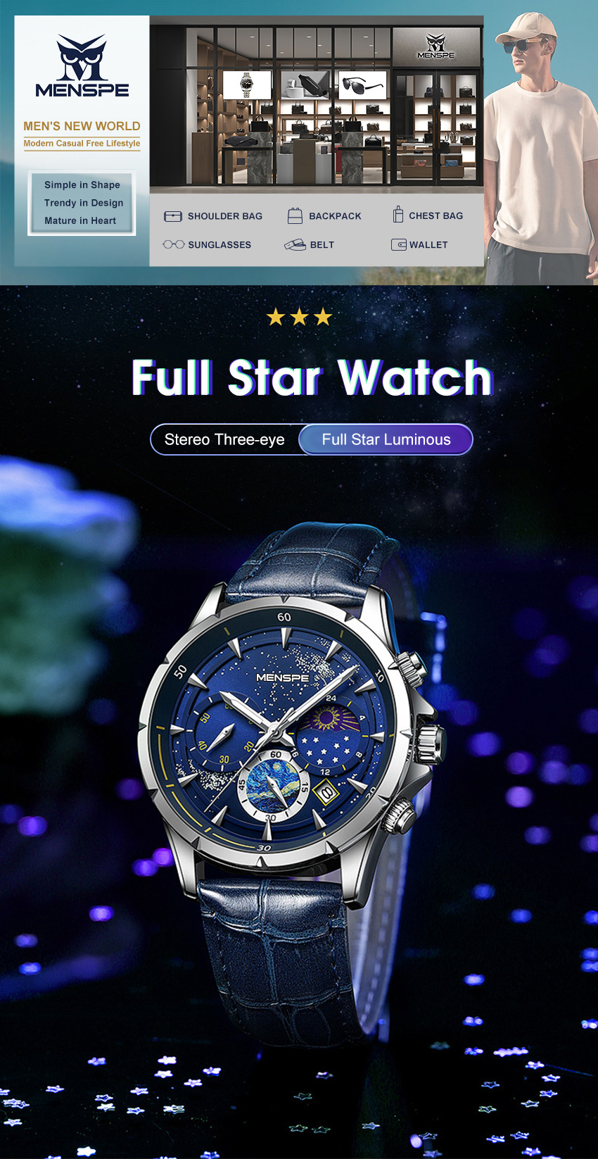 MENSPE Men's Quartz Watch Stereo Three Eyes Wristwatch High-grade ...