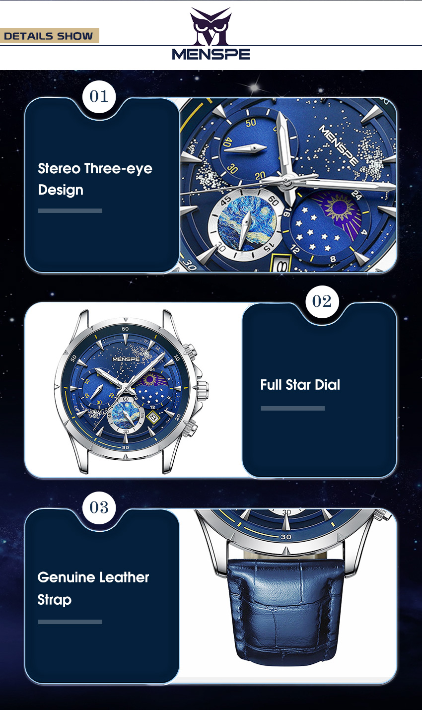 MENSPE Men's Quartz Watch Stereo Three Eyes Wristwatch High-grade ...
