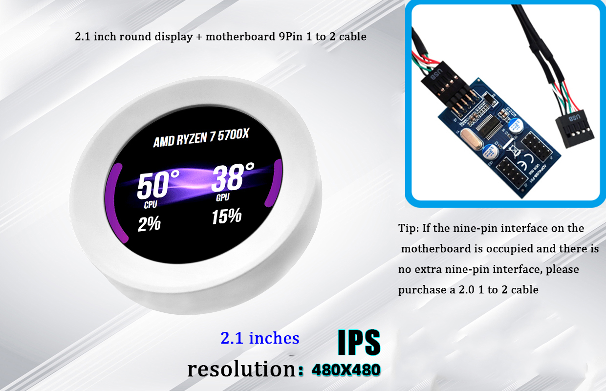 2.1 Inch IPS Round Screen Dynamic Display Temperature AIDA64 Circle ...