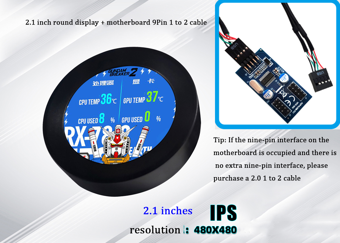 2.1 Inch IPS Round Screen Dynamic Display Temperature AIDA64 Circle ...