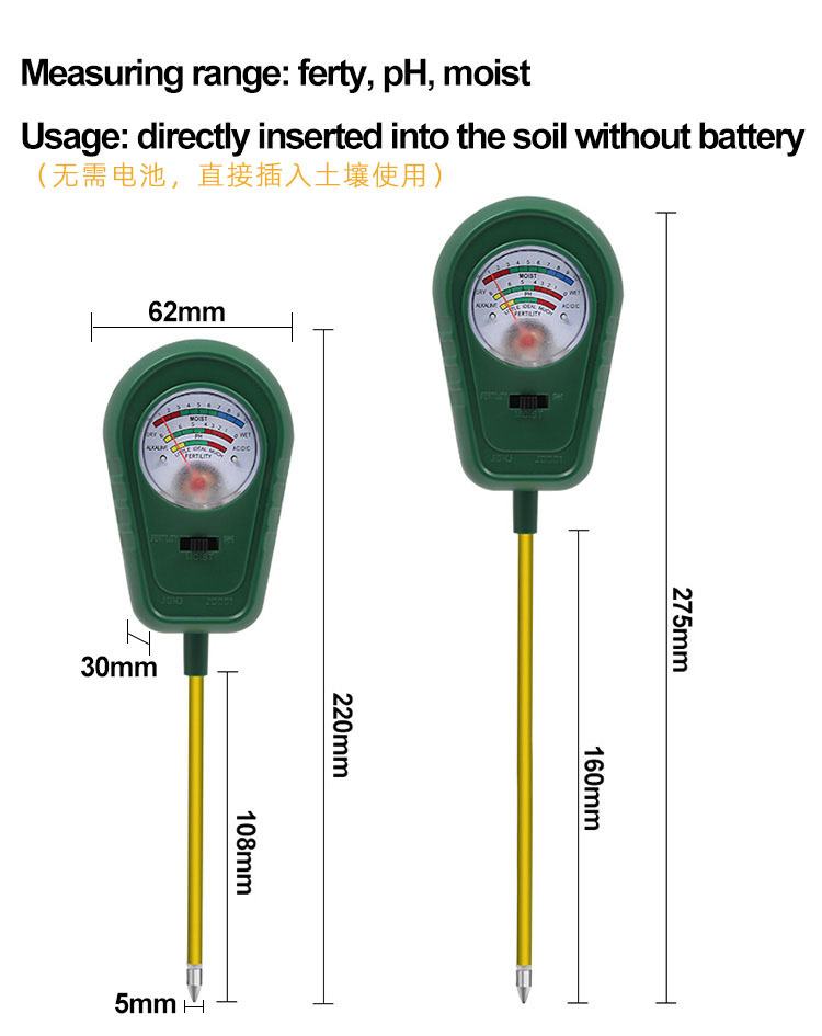 Fertility, humidity, pH, acidity and alkalinity tester, soil three-in ...