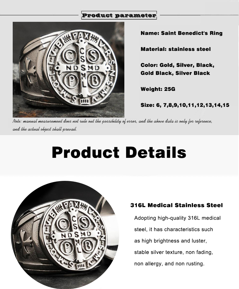 Catholic Patronus Benedict Sixteenth Nursia Medal Jesus Ring 316L ...
