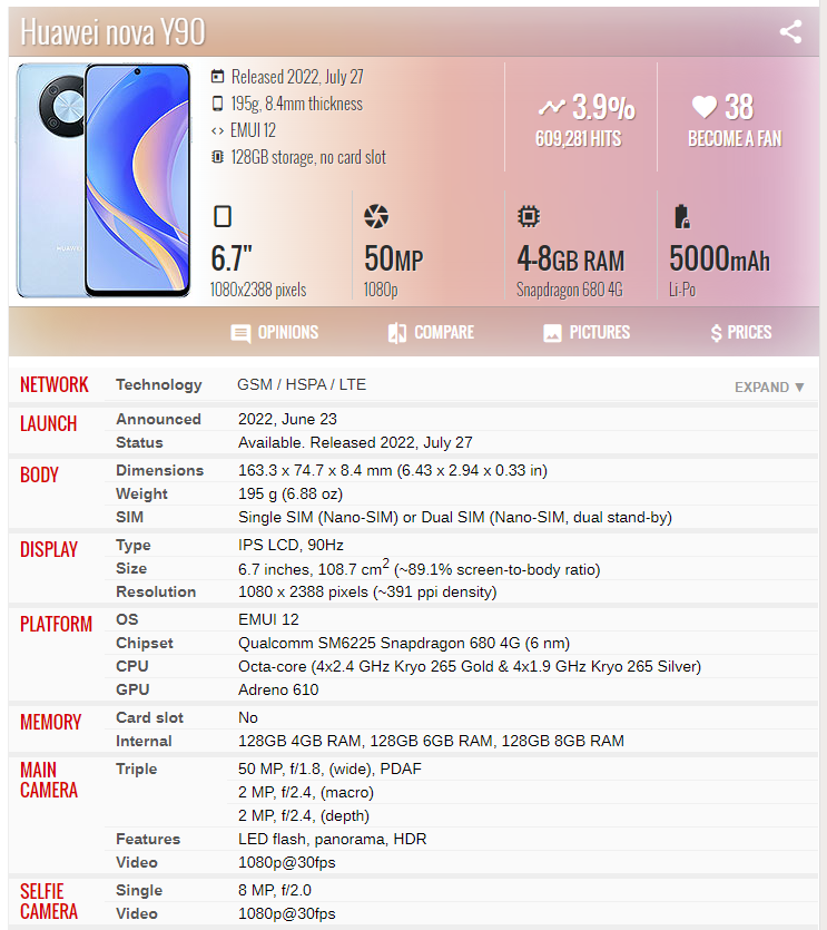 Original LCD For Huawei Nova Y90 Lcd Touch Screen Digitizer CTR-LX1 CTR-LX2 Display Assembly ...