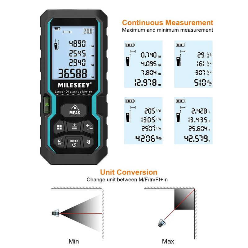 MILESEEY 100M Laser Rangefinder Smart Digital Measurement Tool Range ...