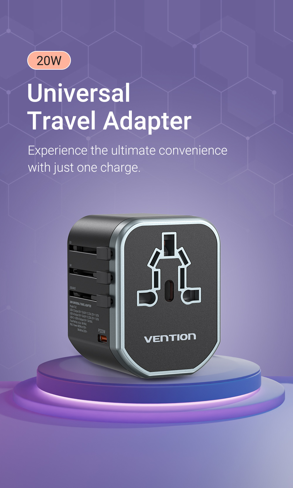 Vention Universal Travel Adapter PD 20W All in One Worldwide Travel Adapter Wall Charger AC ...