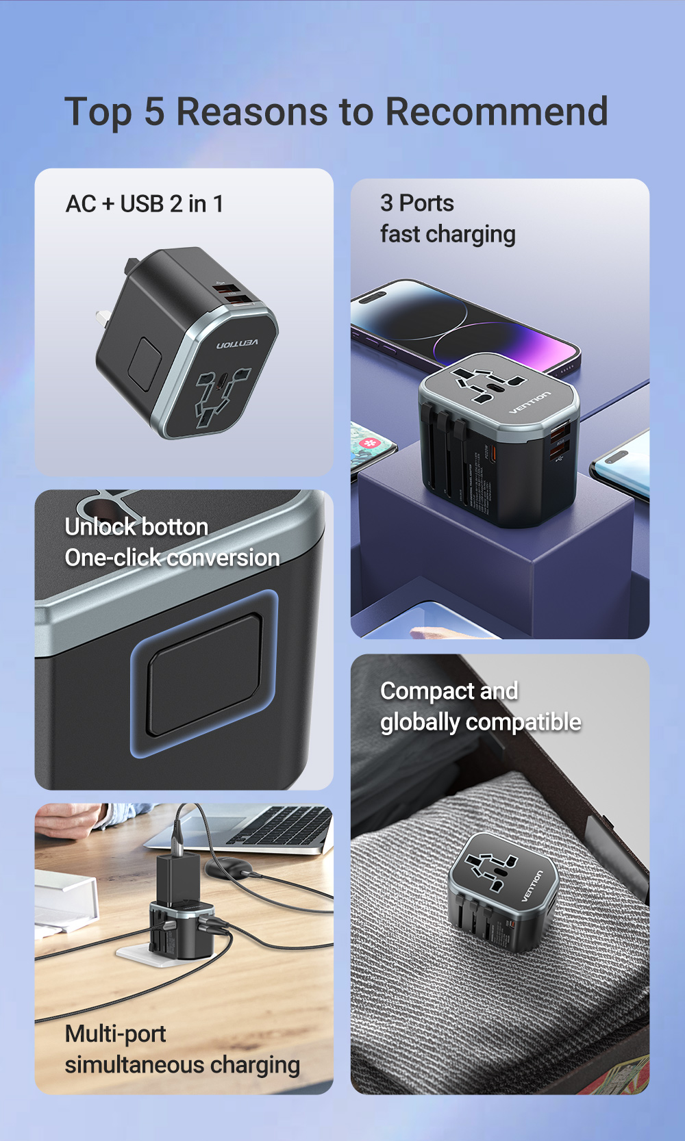 Vention Universal Travel Adapter PD 20W All in One Worldwide Travel ...