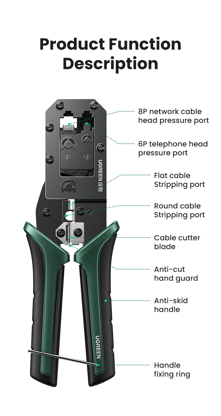 UGREEN 3 in 1 Multifunctional Crimping Cutting Stripping Network Cable Pliers For Cat 6 6A 7 8 ...