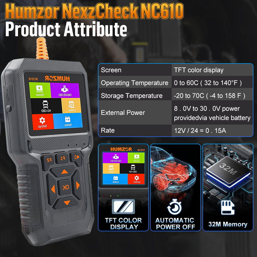 HUMZOR NC610 12V/24V Car Truck OBD 2 Code Reader OBD2 Engine J1939 For ...