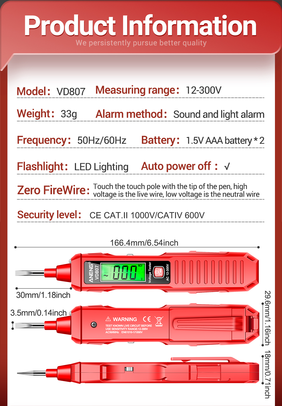 ANENG VD807 Smart Induction Tester Pen AC 12-300V Voltage Tester NCV ...