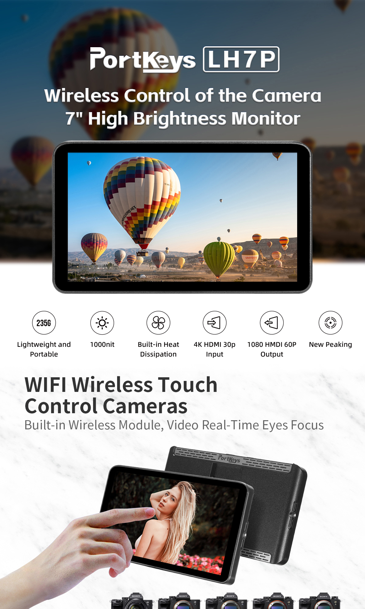 Portkeys LH7P Wireless Camera Control 4k Monitor DSLR Studio Monitors 1000nit On-Camera Field ...