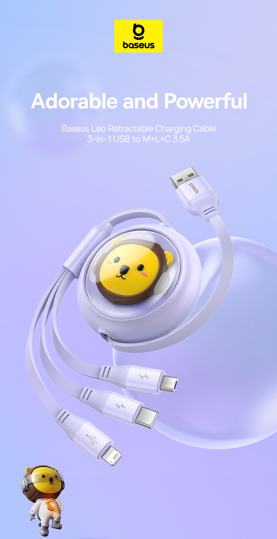 Baseus Leo Retractable Charging Cable 3 in 1 USB to M+L+C 3.5A Fast ...