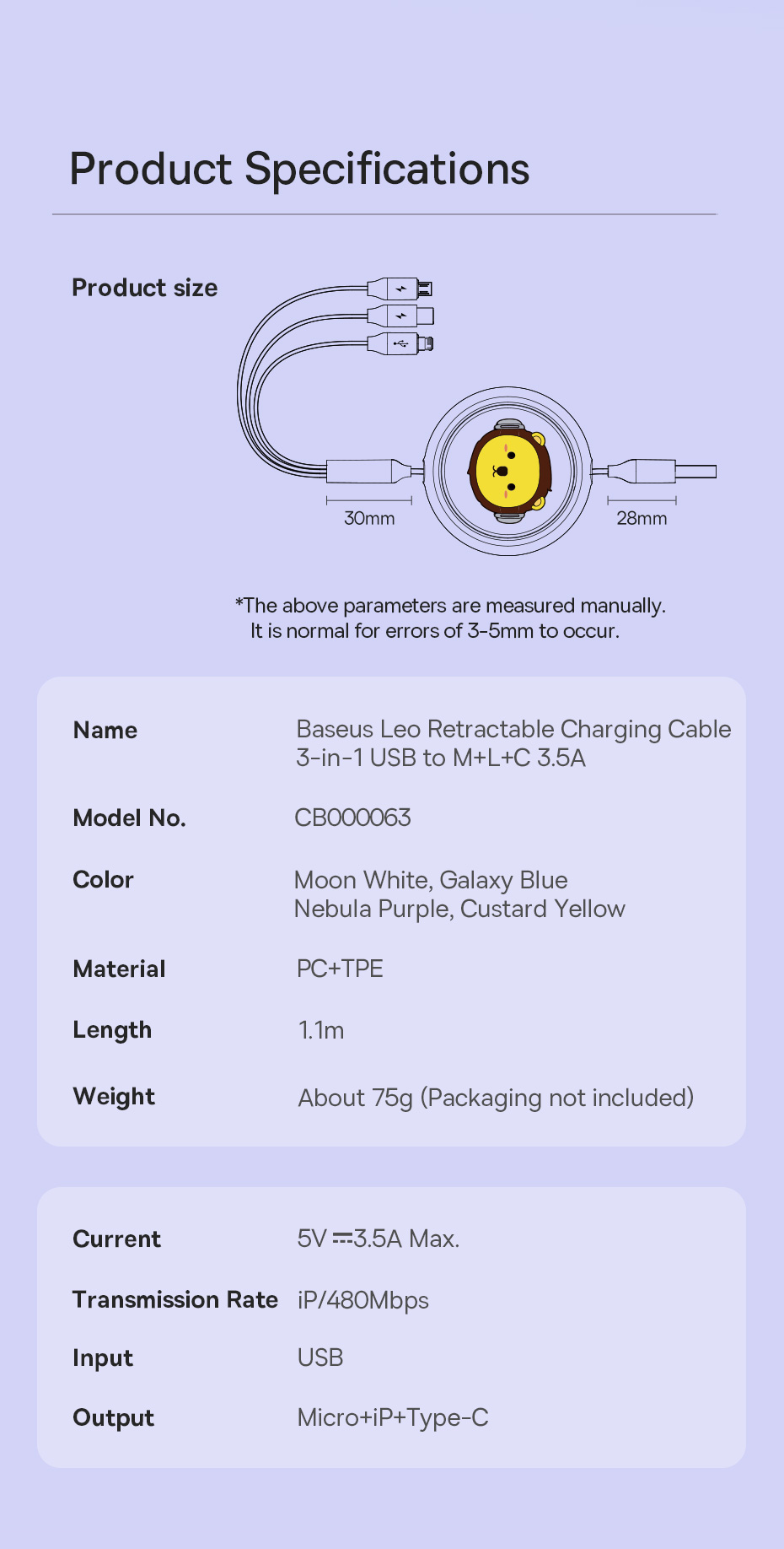Baseus Leo Retractable Charging Cable 3 in 1 USB to M+L+C 3.5A Fast ...