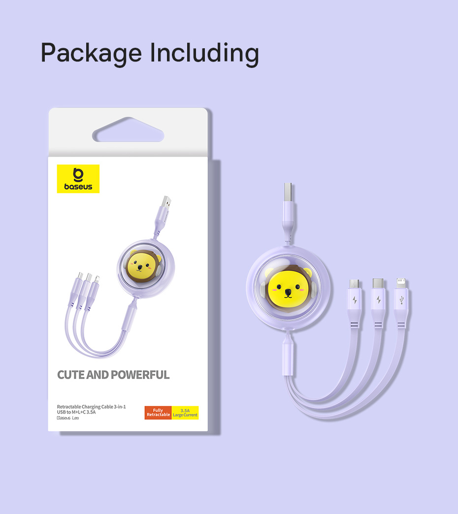 Baseus Leo Retractable Charging Cable 3 in 1 USB to M+L+C 3.5A Fast ...