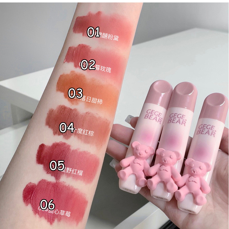Gege Bear Tender Lip Glaze Lip Gloss Small Pink Bear Velvet Smooth Non-Drying Lipstick | Shopee ...
