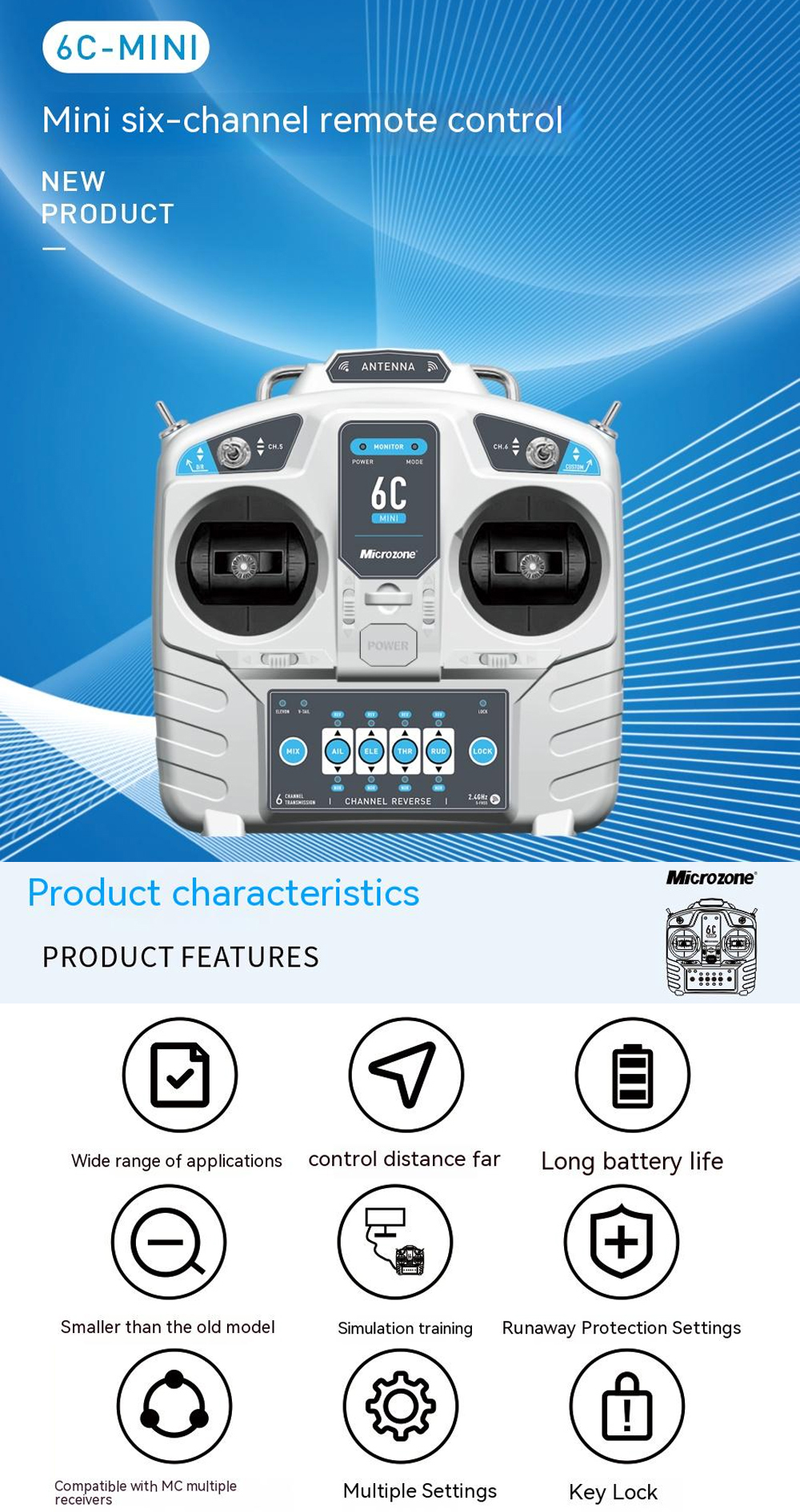 MicroZone MC6C 6C-Mini V2 2.4G 6CH Controller Transmitter MC7RB Receiver Radio System For RC ...