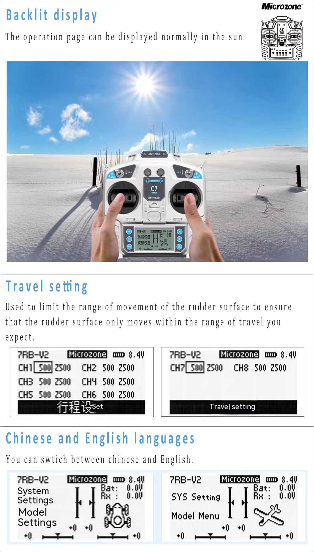 MicroZone C7-MINI MC7 2.4Ghz 8CH RC Transmitter Remote Control MC8RE-V2 ...