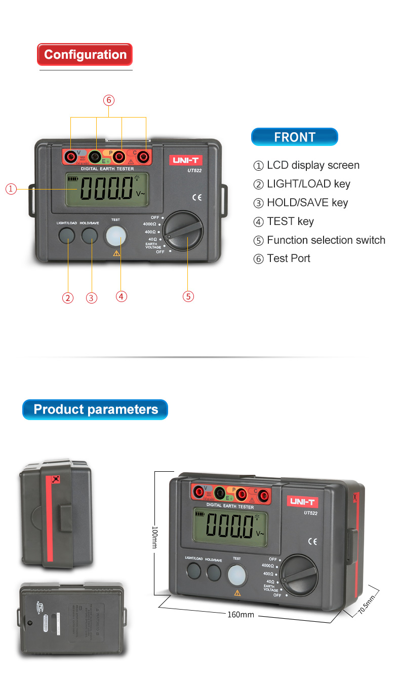 UNI-T UT520 Series UT521 UT522 Digital Earth Testers Grounding ...