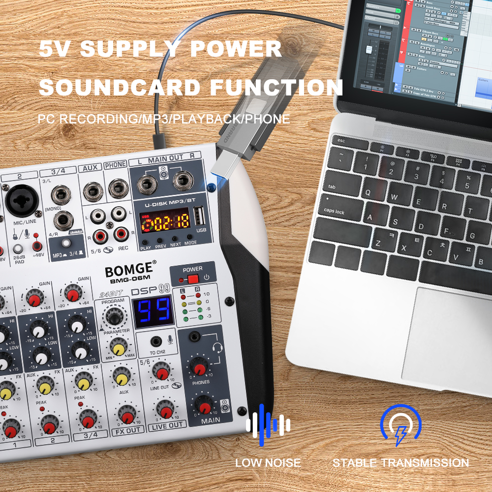 BOMGE Professional DJ Audio Mixer - 6 Channel Bluetooth Controller Sound Mixer, USB Audio ...