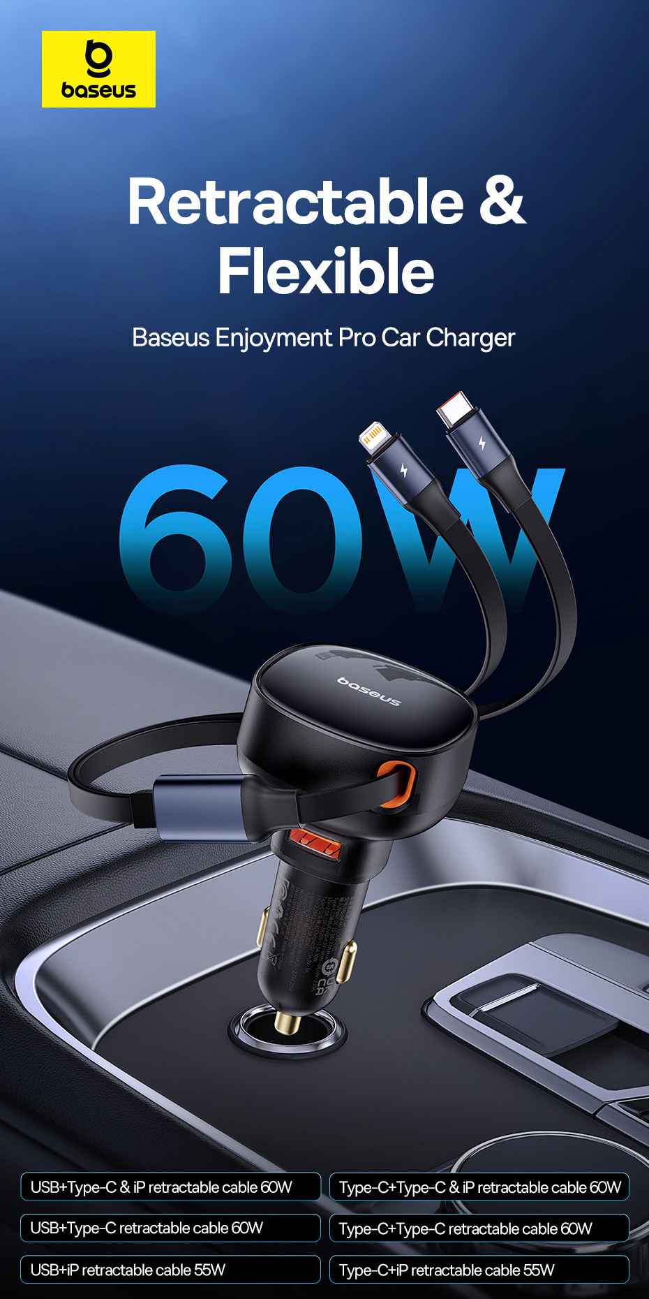 Baseus 60W Car Charger Built-in Retractable Fast Charging Type-C & iP ...