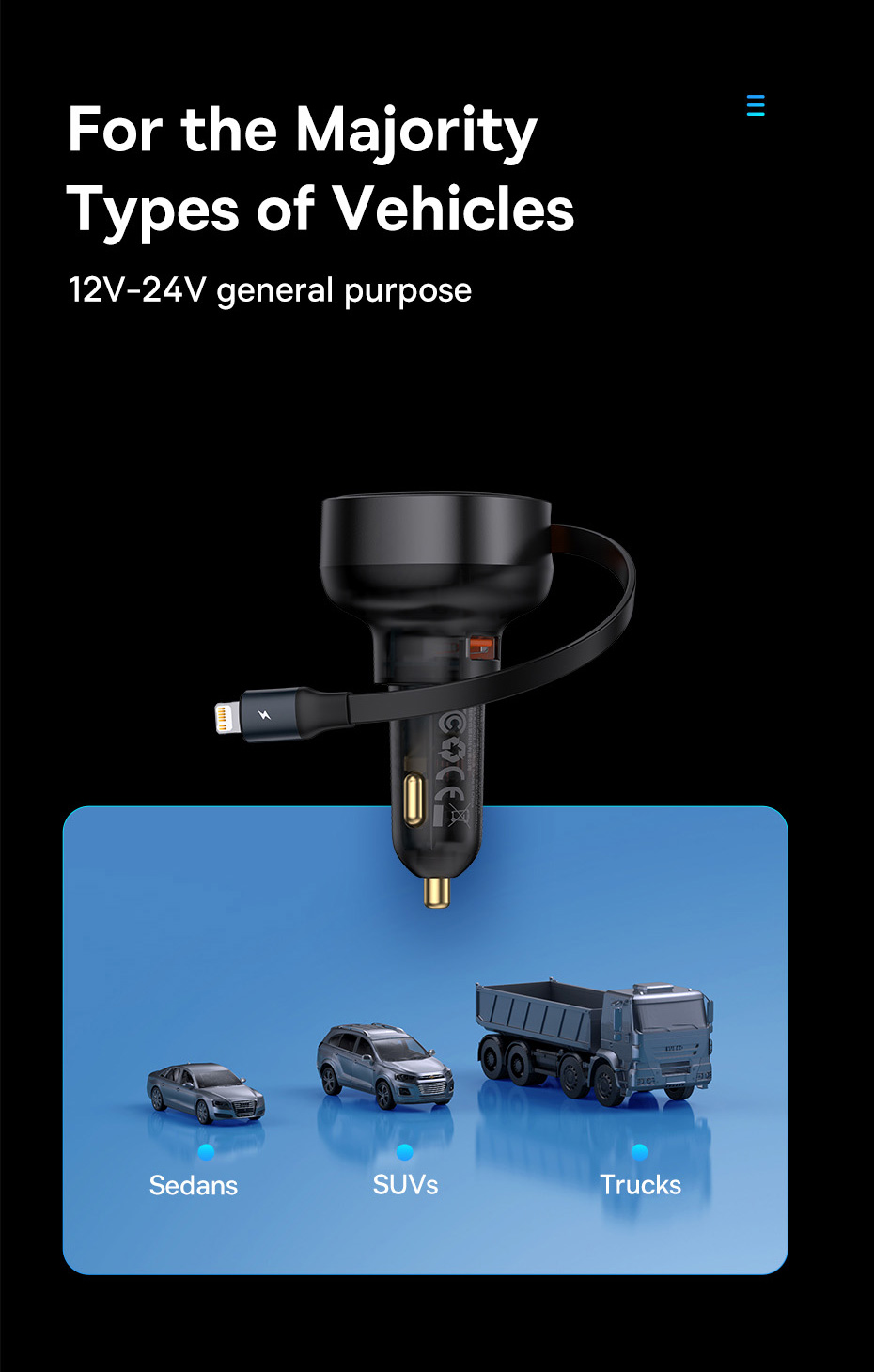 Baseus 60W Car Charger Built-in Retractable Fast Charging Type-C & iP ...