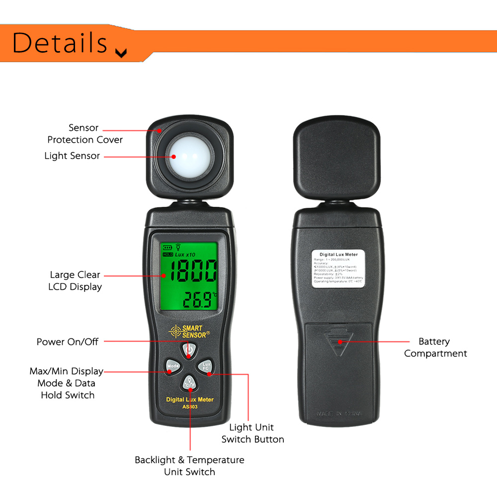 [Ready] SMART SENSOR AS803 Mini Digital Lux Meter LCD Display Handheld Illuminometer Luminometer ...