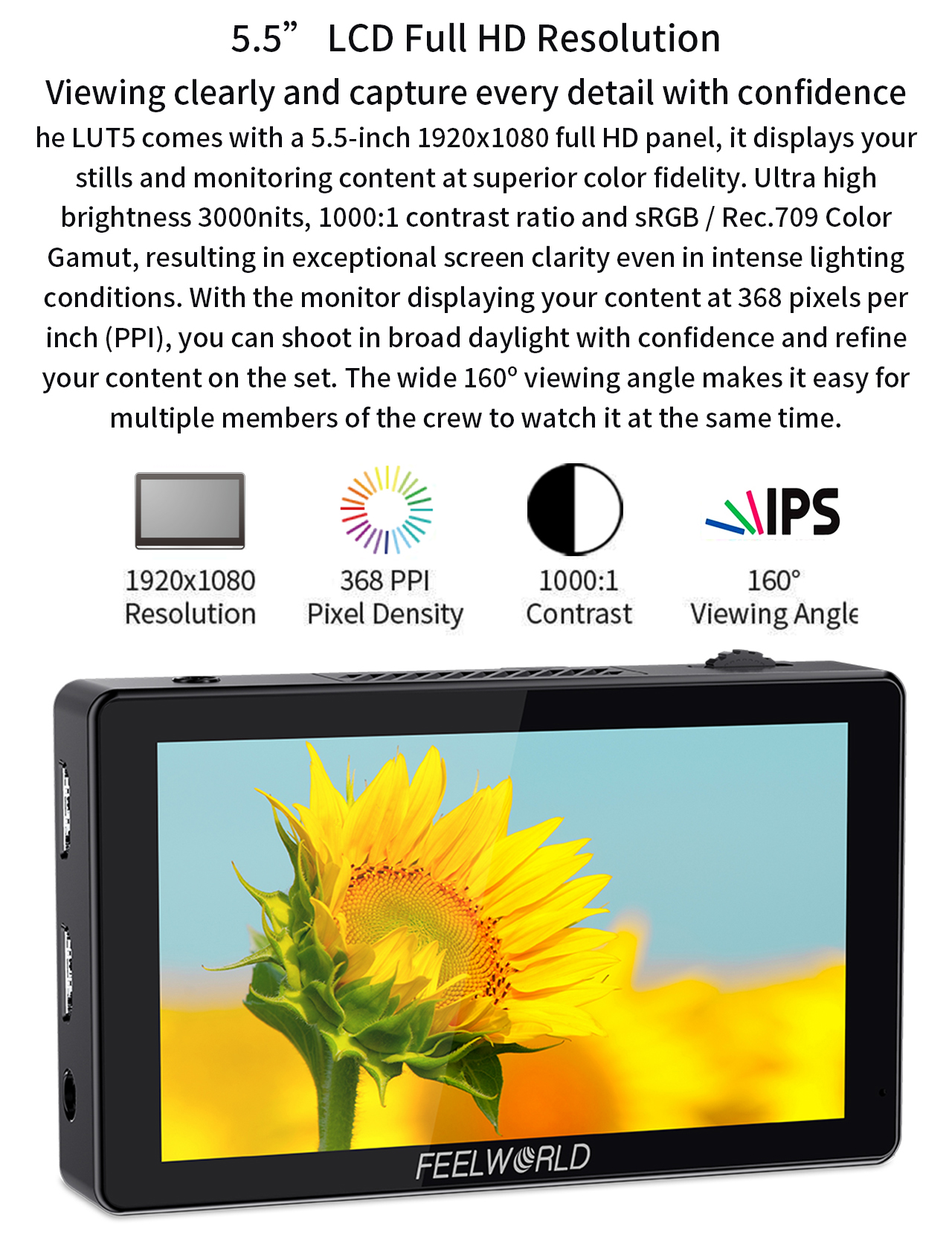 FEELWORLD LUT5 5.5 Inch On Camera Monitor Ultra High Bright 3000nit ...