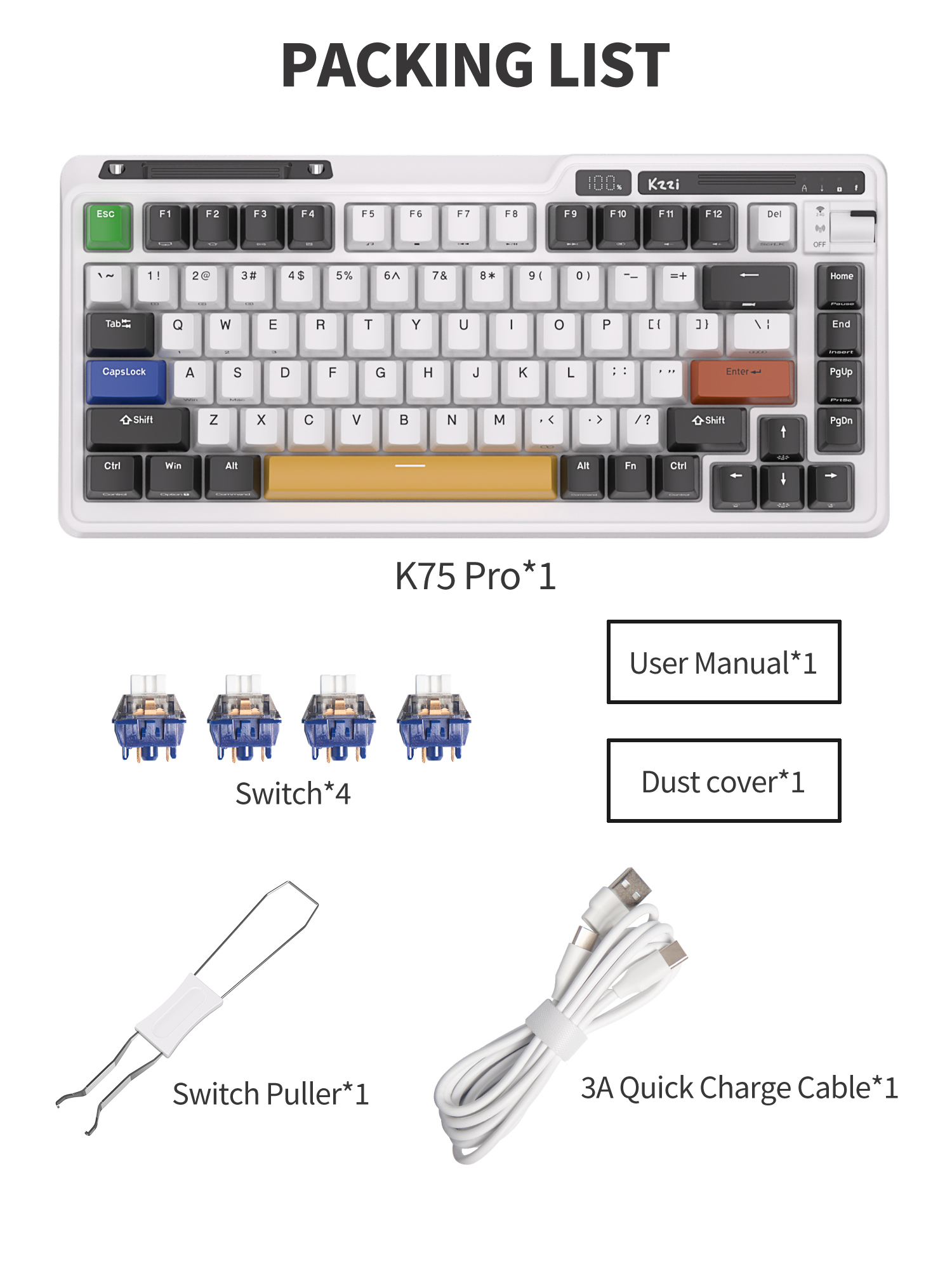 KZZI Kezhi K75 Pro Wireless Three Mode Mechanical Keyboard Gasket ...