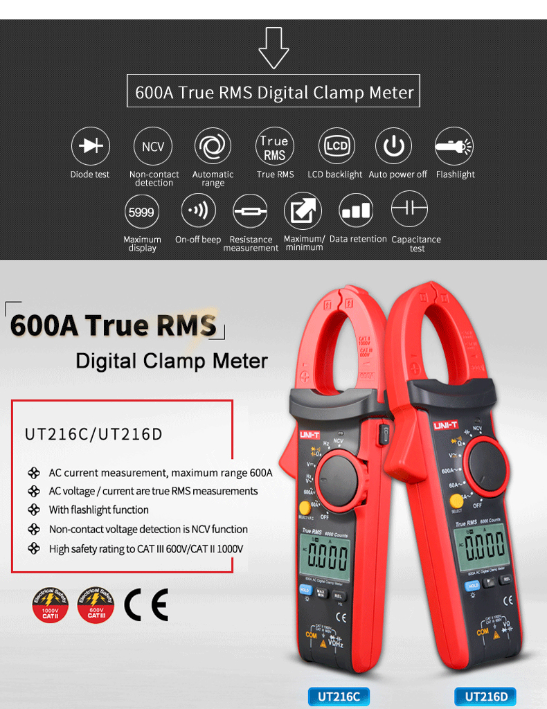 UNI-T UT216A UT216C UT216D Professional Clamp Meter AC DC 600A 1000V ...