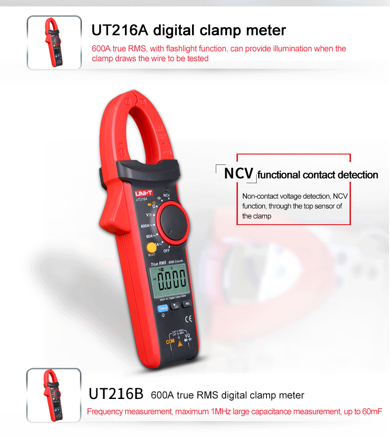 UNI-T UT216A UT216C UT216D Professional Clamp Meter AC DC 600A 1000V ...