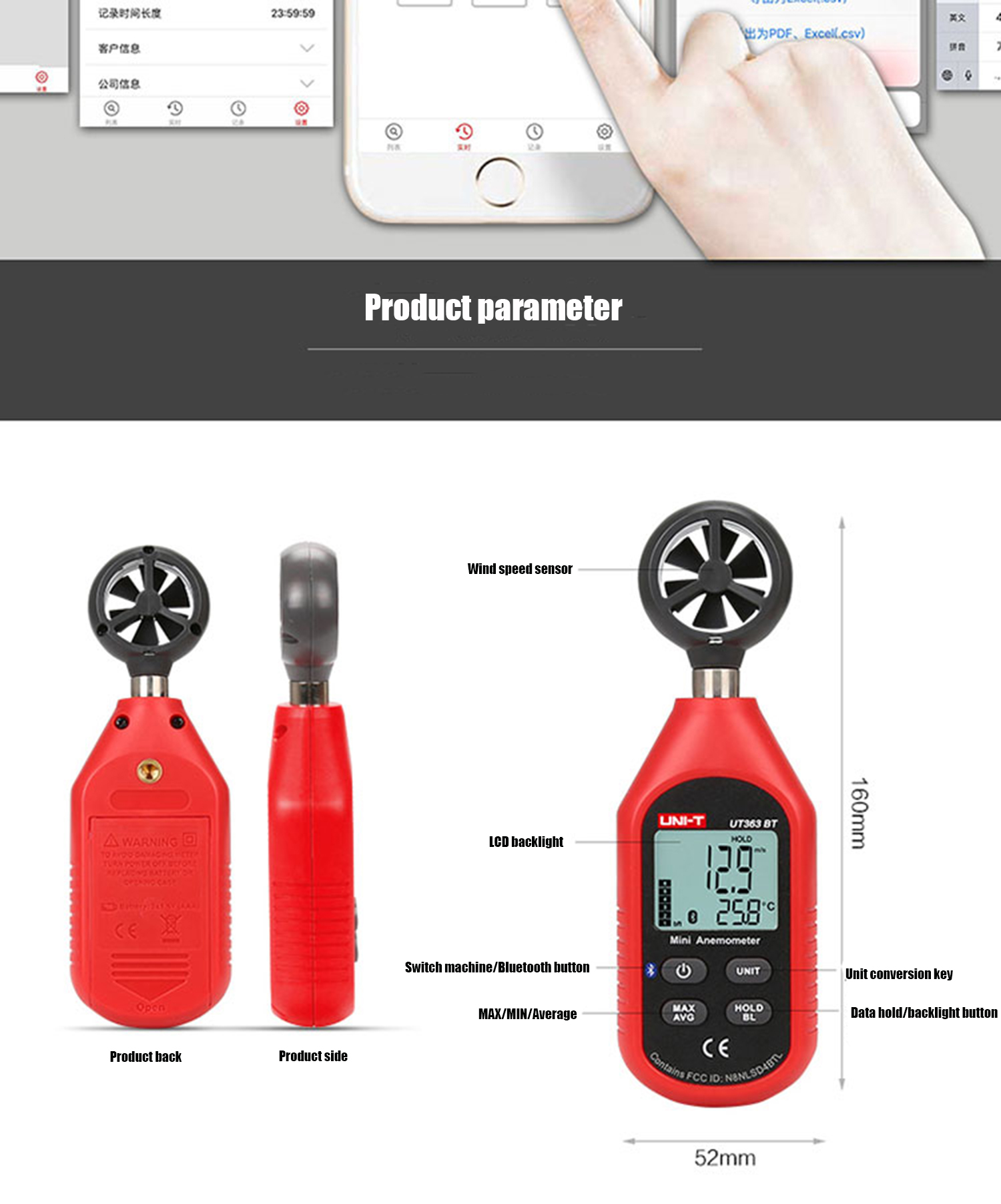 UNI-T UT363 UT363BT Mini Handheld Anemometer Digital Wind Anemometers ...