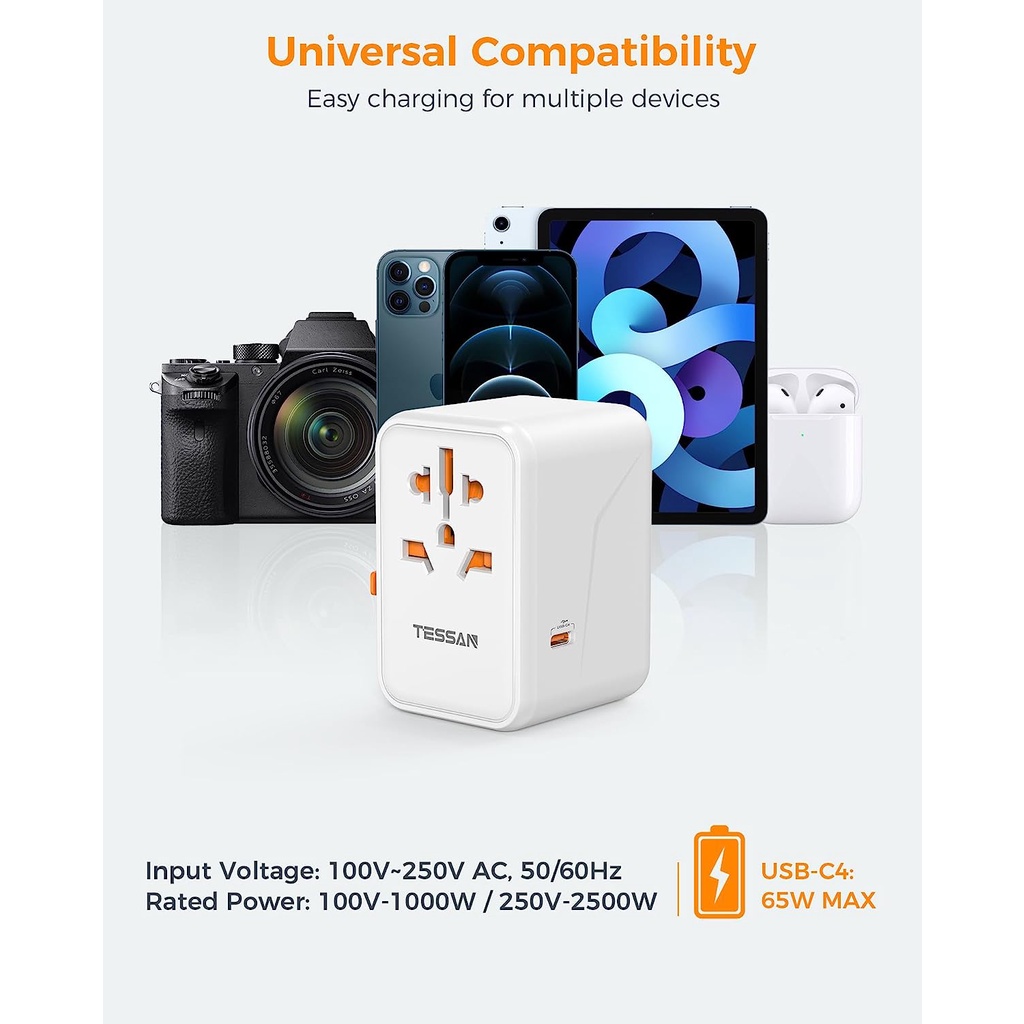 TESSAN Universal Travel Adapter 65W PD Fast Charging with USB ...