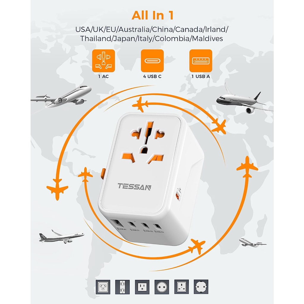 TESSAN Universal Travel Adapter 65W PD Fast Charging with USB ...