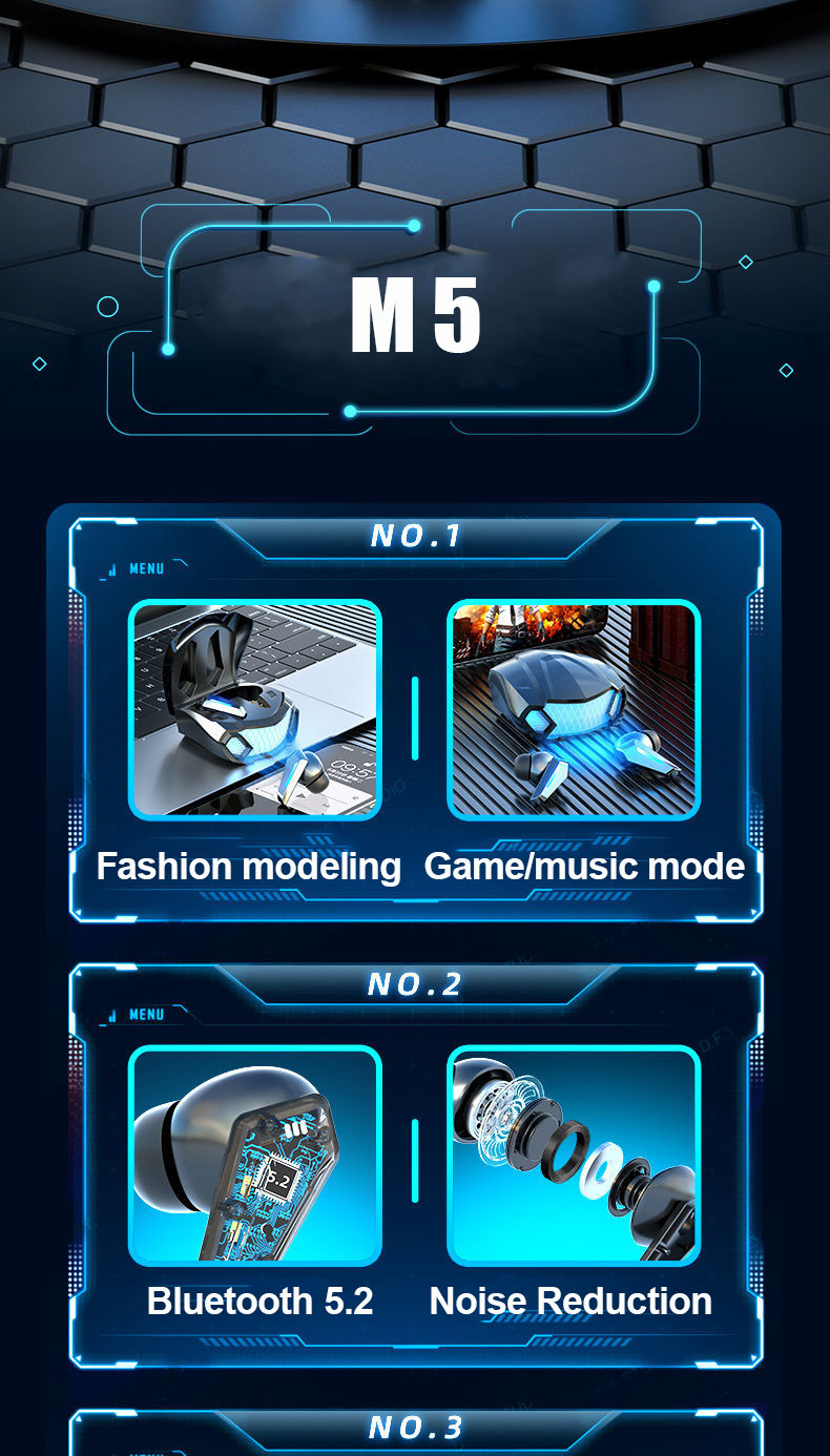 M5 TWS Wireless Headphone Bluetooth Gaming Wireless Earbuds HiFi Stereo ...