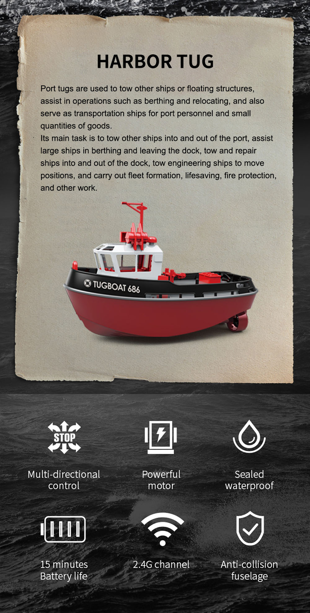 Remote Control Tugboat 1:72 Electric Boat Water Toy Charging Electric ...