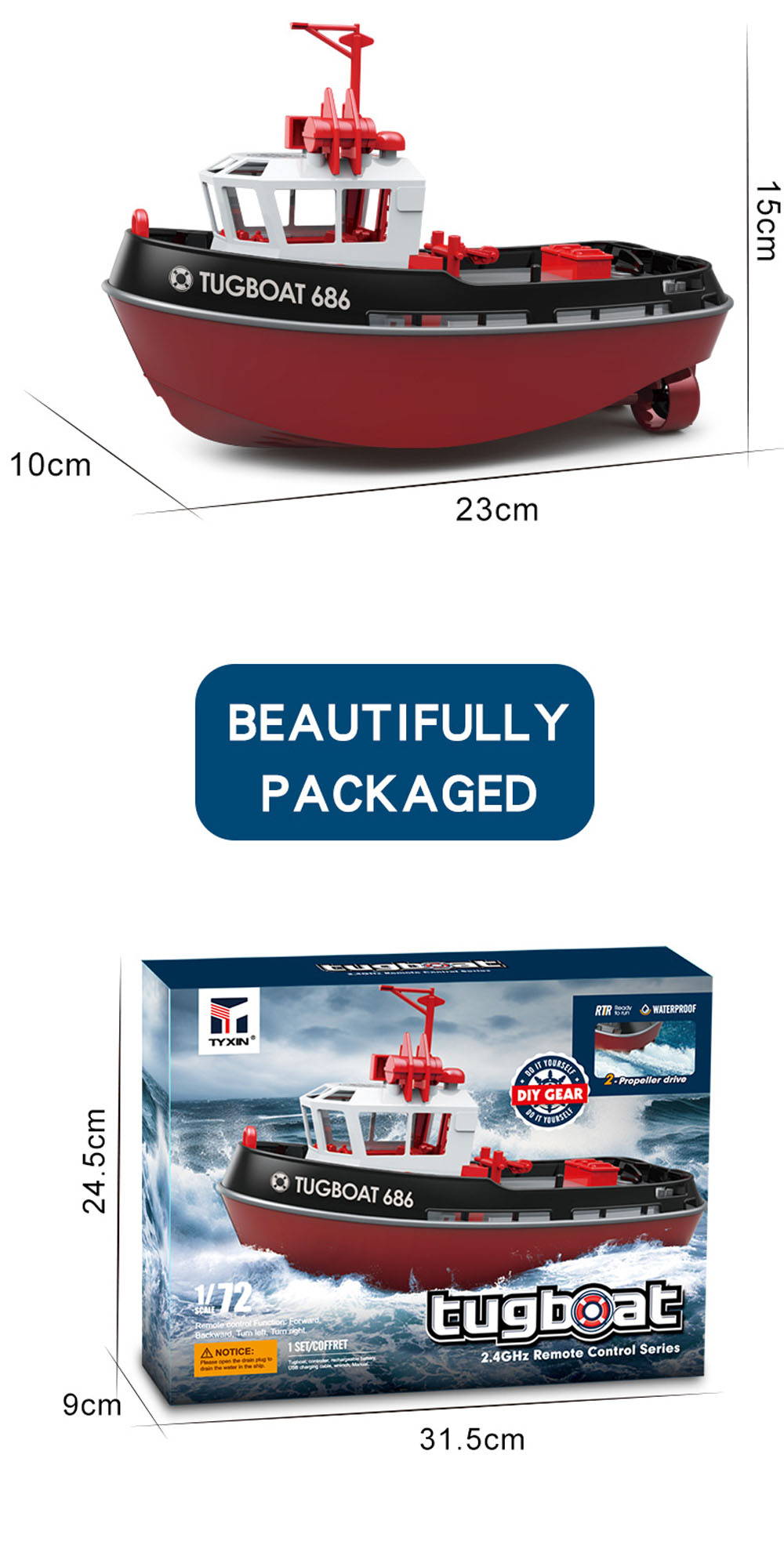 Remote Control Tugboat 1:72 Electric Boat Water Toy Charging Electric ...